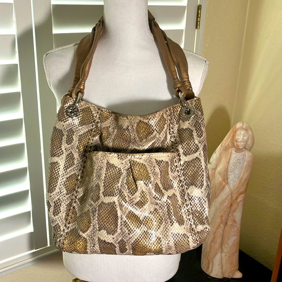 b. makowsky | Bags | B Makowsky Metallic Brn Silver Print Leather Snake Chita Print Bag Large ...